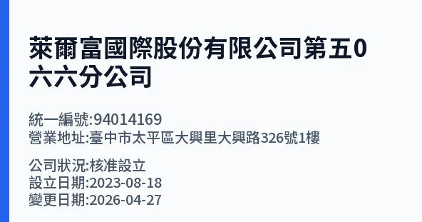 萊爾富國際股份有限公司第五0六六分公司的照片-統編 94014169(臺中市) 公司登記資料與營業項目詳細圖表