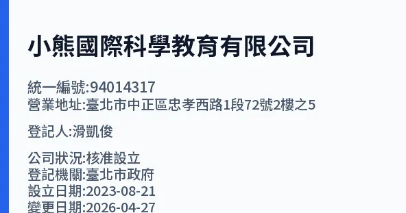 小熊國際科學教育有限公司的照片-統編 94014317(臺北市) 公司登記資料與營業項目詳細圖表