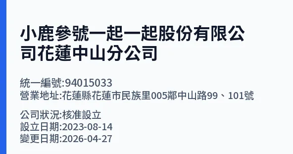 小鹿參號一起一起股份有限公司花蓮中山分公司的照片-統編 94015033(花蓮縣) 公司登記資料與營業項目詳細圖表