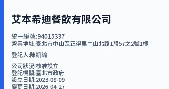 艾本希迪餐飲有限公司的照片-統編 94015337(臺北市) 公司登記資料與營業項目詳細圖表