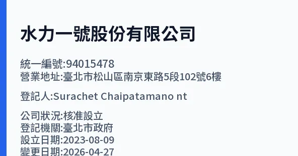 水力一號股份有限公司的照片-統編 94015478(臺北市) 公司登記資料與營業項目詳細圖表