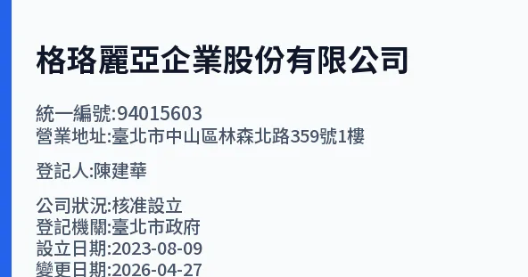格珞麗亞企業股份有限公司的照片-統編 94015603(臺北市) 公司登記資料與營業項目詳細圖表