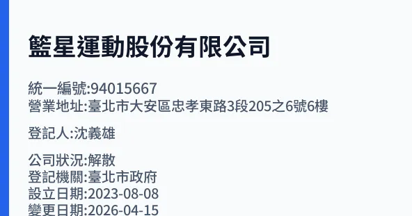 籃星運動股份有限公司的照片-統編 94015667(臺北市) 公司登記資料與營業項目詳細圖表