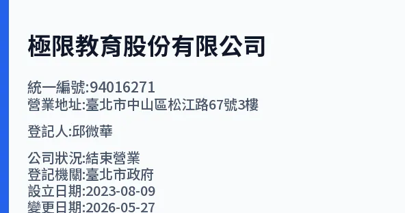 極限教育股份有限公司的照片-統編 94016271(臺北市) 公司登記資料與營業項目詳細圖表