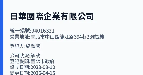 日華國際企業有限公司的照片-統編 94016321(臺北市) 公司登記資料與營業項目詳細圖表