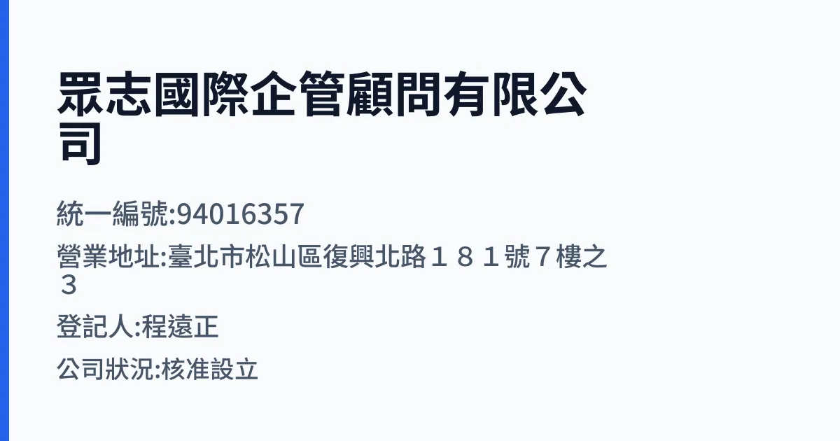 眾志國際企管顧問有限公司 - 統編 94016357(臺北市) 公司登記資料與營業項目詳細圖表