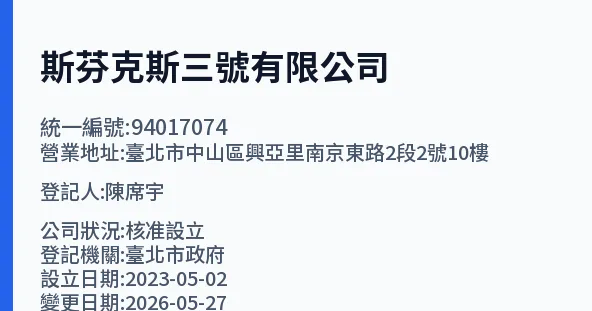 斯芬克斯三號有限公司的照片-統編 94017074(臺北市) 公司登記資料與營業項目詳細圖表