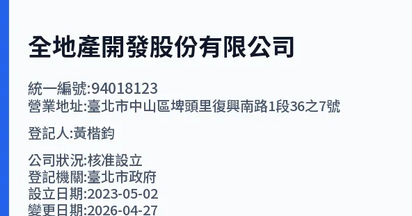 全地產開發股份有限公司的照片-統編 94018123(臺北市) 公司登記資料與營業項目詳細圖表