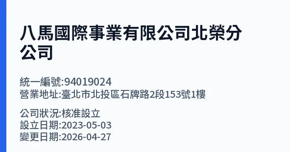 八馬國際事業有限公司北榮分公司的照片-統編 94019024(臺北市) 公司登記資料與營業項目詳細圖表