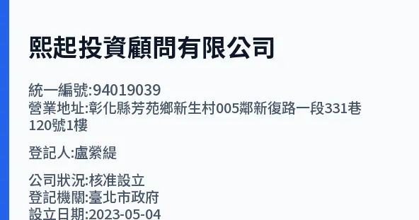 熙起投資顧問有限公司的照片-統編 94019039(彰化縣) 公司登記資料與營業項目詳細圖表