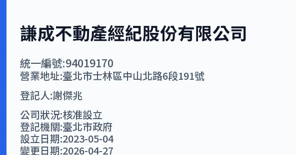 謙成不動產經紀股份有限公司的照片-統編 94019170(臺北市) 公司登記資料與營業項目詳細圖表