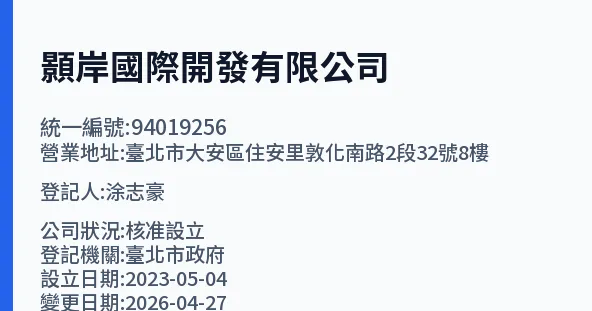 顥岸國際開發有限公司的照片-統編 94019256(臺北市) 公司登記資料與營業項目詳細圖表