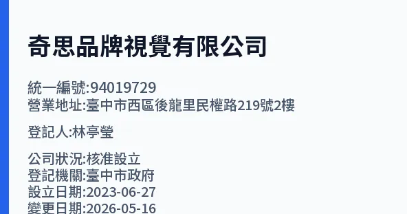 奇思品牌視覺有限公司的照片-統編 94019729(臺中市) 公司登記資料與營業項目詳細圖表