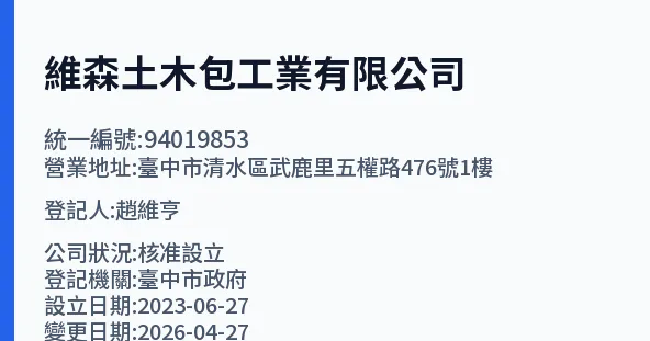 維森土木包工業有限公司的照片-統編 94019853(臺中市) 公司登記資料與營業項目詳細圖表