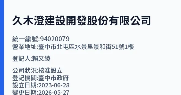 久木澄建設開發股份有限公司的照片-統編 94020079(臺中市) 公司登記資料與營業項目詳細圖表