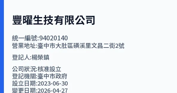 豐曜生技有限公司的照片-統編 94020140(臺中市) 公司登記資料與營業項目詳細圖表