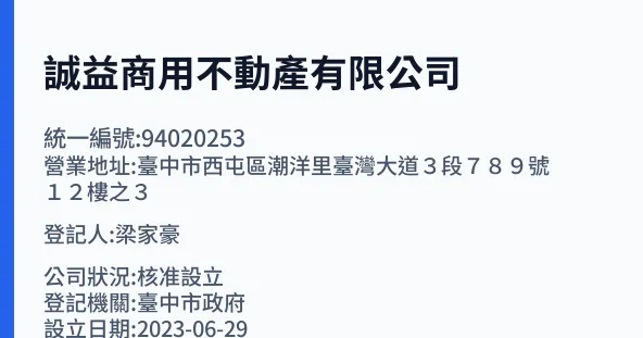 誠益商用不動產有限公司的照片-統編 94020253(臺中市) 公司登記資料與營業項目詳細圖表