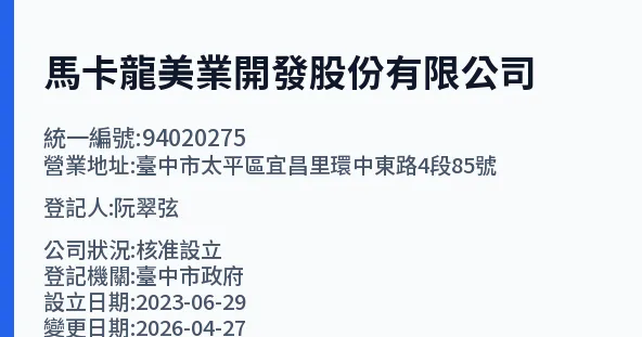 馬卡龍美業開發股份有限公司的照片-統編 94020275(臺中市) 公司登記資料與營業項目詳細圖表