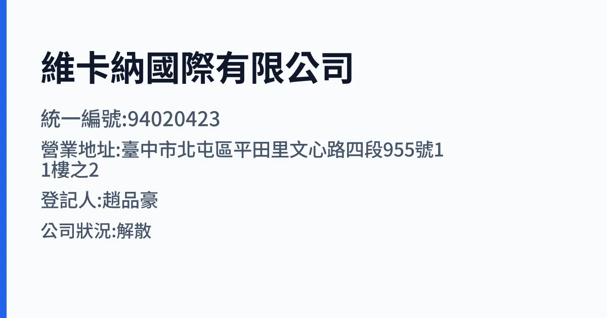 維卡納國際有限公司 - 統編 94020423(臺中市) 公司登記資料與營業項目詳細圖表