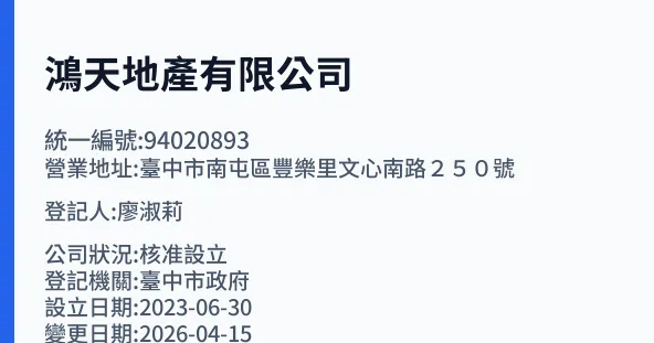 鴻天地產有限公司的照片-統編 94020893(臺中市) 公司登記資料與營業項目詳細圖表