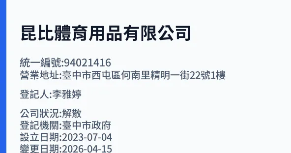 昆比體育用品有限公司的照片-統編 94021416(臺中市) 公司登記資料與營業項目詳細圖表
