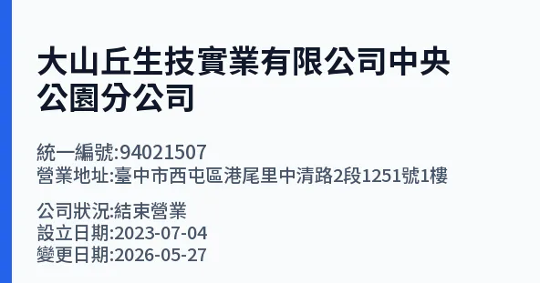 大山丘生技實業有限公司中央公園分公司的照片-統編 94021507(臺中市) 公司登記資料與營業項目詳細圖表