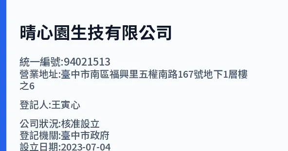 晴心園生技有限公司的照片-統編 94021513(臺中市) 公司登記資料與營業項目詳細圖表