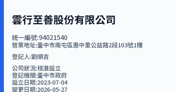雲行至善股份有限公司的照片-統編 94021540(臺中市) 公司登記資料與營業項目詳細圖表