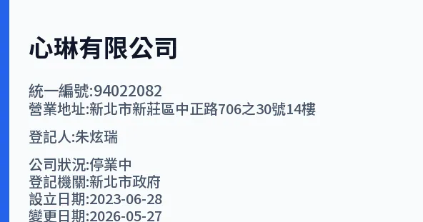 心琳有限公司的照片-統編 94022082(新北市) 公司登記資料與營業項目詳細圖表