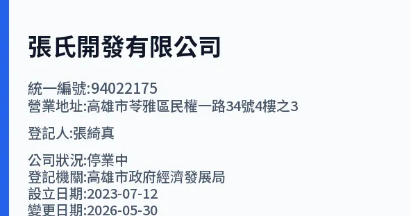 張氏開發有限公司的照片-統編 94022175(高雄市) 公司登記資料與營業項目詳細圖表