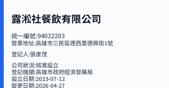 露淞社餐飲有限公司的照片-統編 94022203(高雄市) 公司登記資料與營業項目詳細圖表