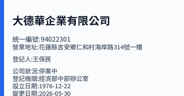 大德華企業有限公司的照片-統編 94022301(花蓮縣) 公司登記資料與營業項目詳細圖表