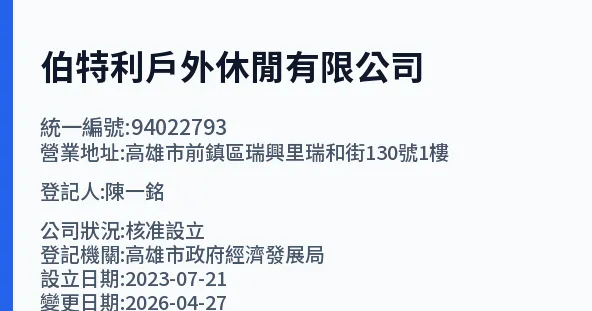 伯特利戶外休閒有限公司的照片-統編 94022793(高雄市) 公司登記資料與營業項目詳細圖表