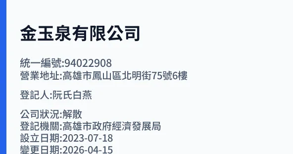 金玉泉有限公司的照片-統編 94022908(高雄市) 公司登記資料與營業項目詳細圖表