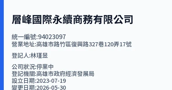 層峰國際永續商務有限公司的照片-統編 94023097(高雄市) 公司登記資料與營業項目詳細圖表