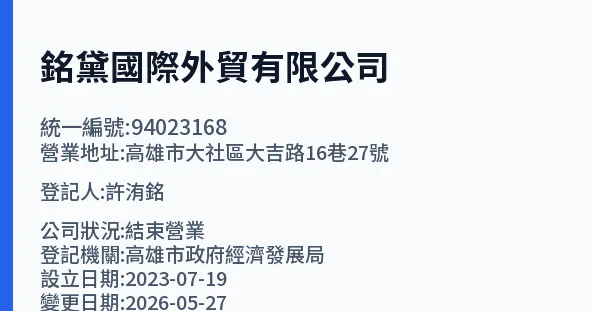 銘黛國際外貿有限公司的照片-統編 94023168(高雄市) 公司登記資料與營業項目詳細圖表