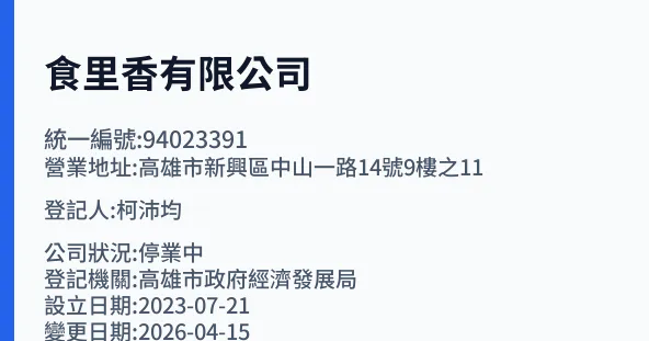 食里香有限公司的照片-統編 94023391(高雄市) 公司登記資料與營業項目詳細圖表
