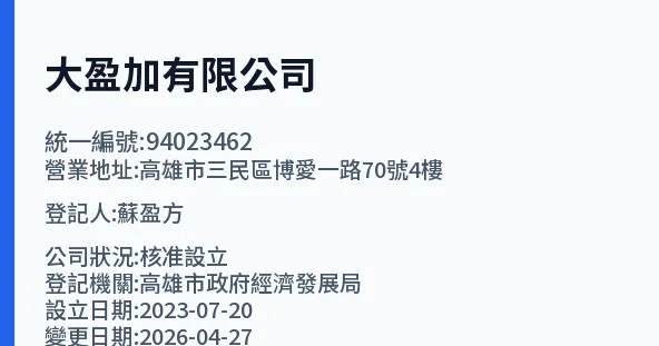 大盈加有限公司的照片-統編 94023462(高雄市) 公司登記資料與營業項目詳細圖表
