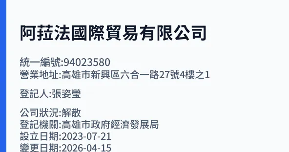 阿菈法國際貿易有限公司的照片-統編 94023580(高雄市) 公司登記資料與營業項目詳細圖表