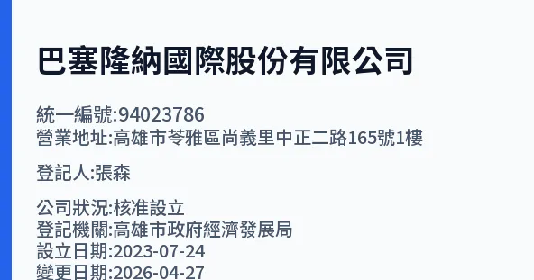 巴塞隆納國際股份有限公司的照片-統編 94023786(高雄市) 公司登記資料與營業項目詳細圖表