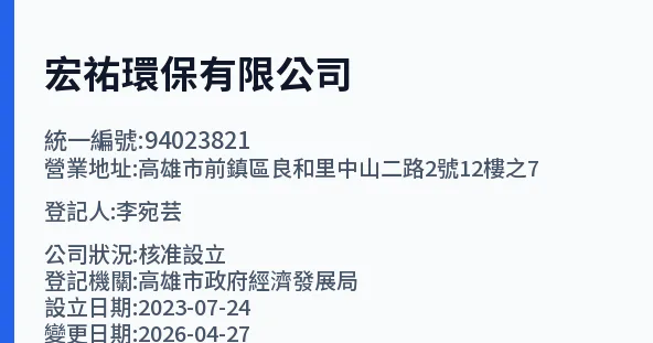 宏祐環保有限公司的照片-統編 94023821(高雄市) 公司登記資料與營業項目詳細圖表