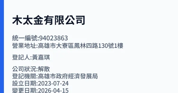 木太金有限公司的照片-統編 94023863(高雄市) 公司登記資料與營業項目詳細圖表