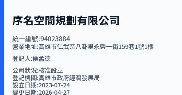 序名空間規劃有限公司的照片-統編 94023884(高雄市) 公司登記資料與營業項目詳細圖表