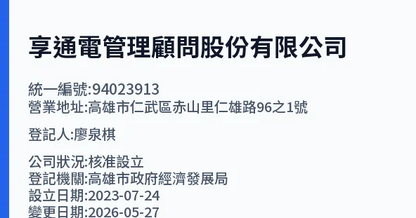 享通電管理顧問股份有限公司的照片-統編 94023913(高雄市) 公司登記資料與營業項目詳細圖表