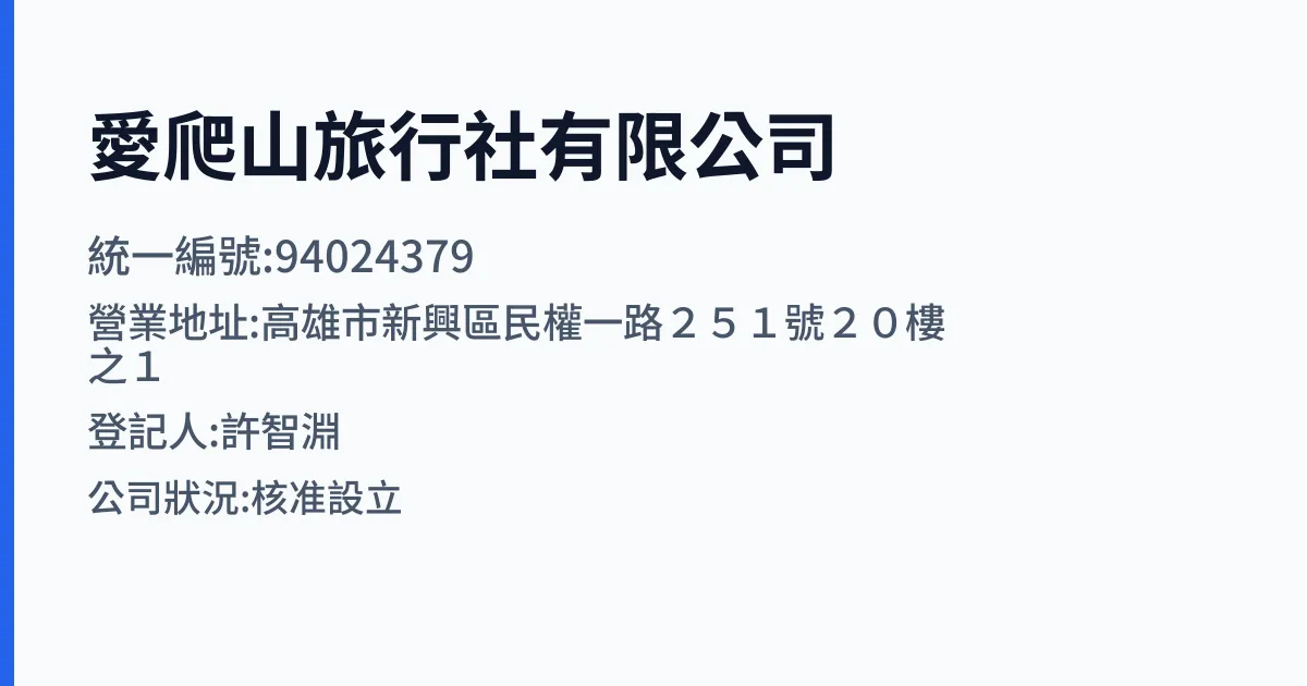 愛爬山旅行社有限公司 - 統編 94024379(高雄市) 公司登記資料與營業項目詳細圖表