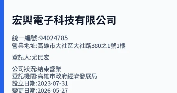 宏興電子科技有限公司的照片-統編 94024785(高雄市) 公司登記資料與營業項目詳細圖表