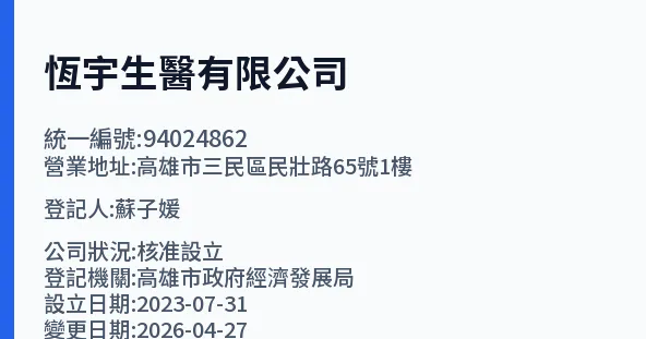 恆宇生醫有限公司的照片-統編 94024862(高雄市) 公司登記資料與營業項目詳細圖表