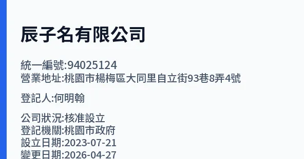 辰子名有限公司的照片-統編 94025124(桃園市) 公司登記資料與營業項目詳細圖表