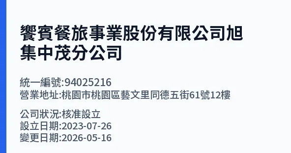 饗賓餐旅事業股份有限公司旭集中茂分公司的照片-統編 94025216(桃園市) 公司登記資料與營業項目詳細圖表