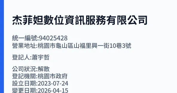 杰菲妲數位資訊服務有限公司的照片-統編 94025428(桃園市) 公司登記資料與營業項目詳細圖表
